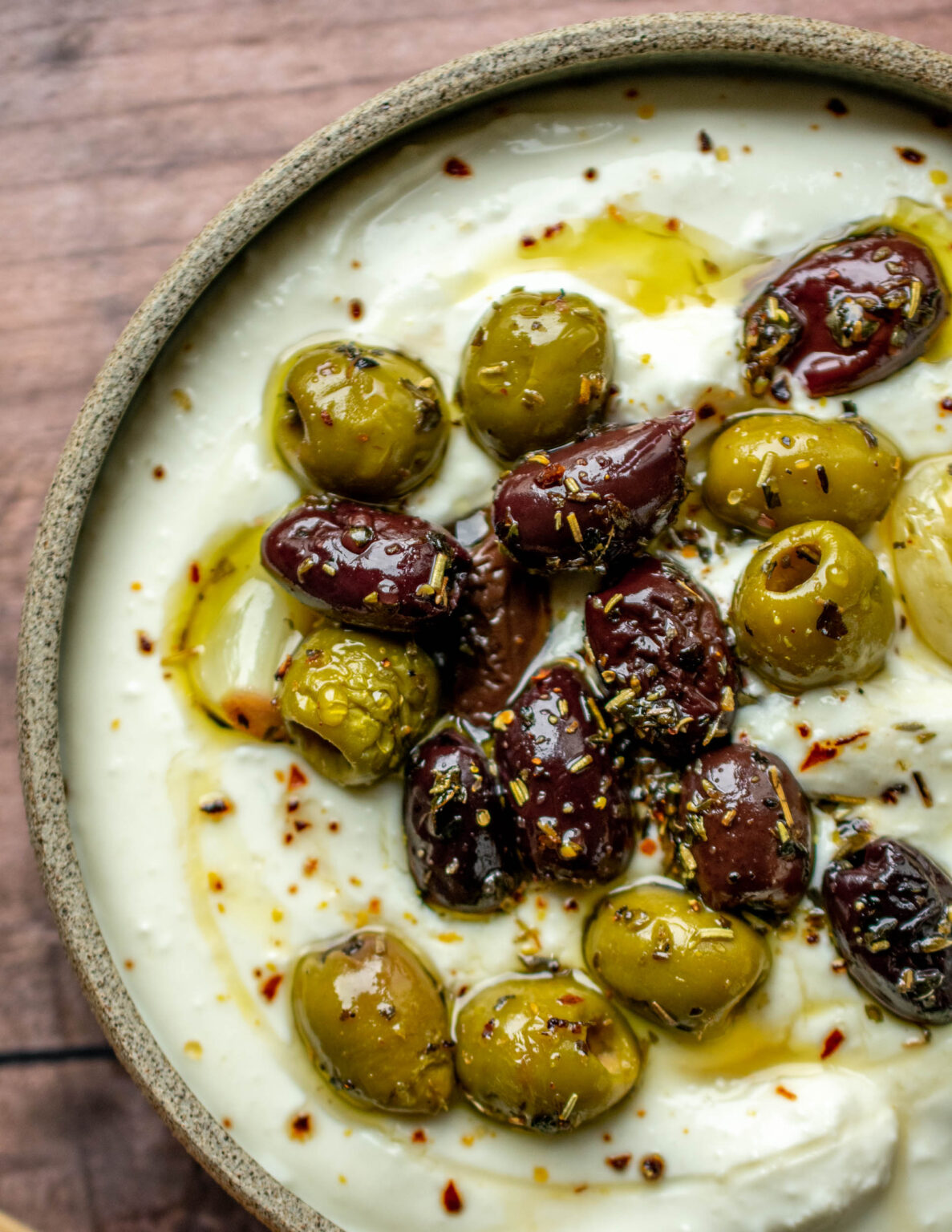 Creamy Whipped Goat Cheese with Roasted Olives - Apron & Whisk