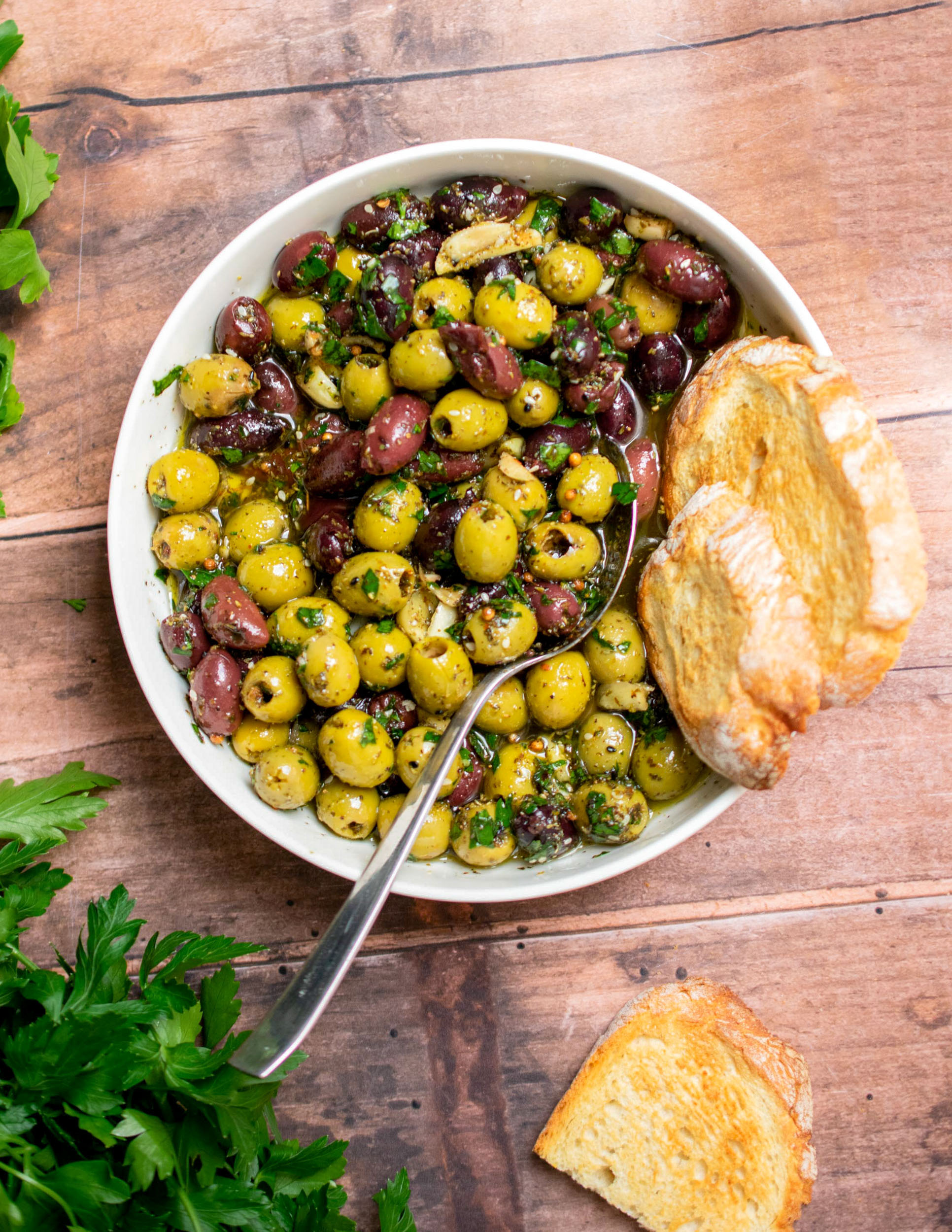 Herbed Marinated Olives with Honey and Garlic - Apron & Whisk